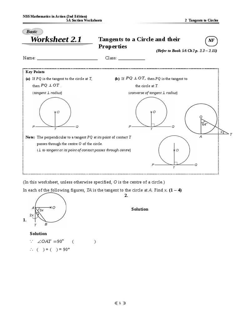 Worksheet 2.1: Tangents To A Circle and Their Properties | PDF | Circle ...