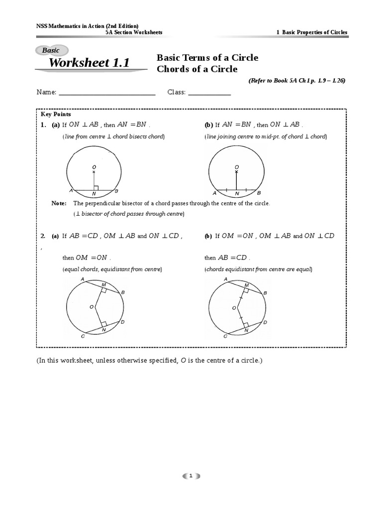 Worksheet 1.1: Basic Terms of A Circle Chords of A Circle | PDF ...