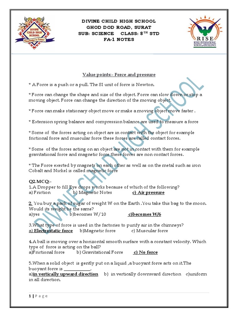 Notes on Forces, Pressure, and Friction from an 8th Standard Science ...