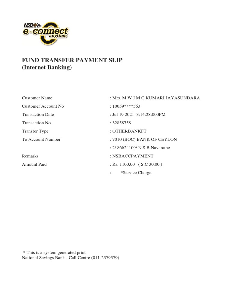 Fund Transfer Payment Slip (Internet Banking) | PDF