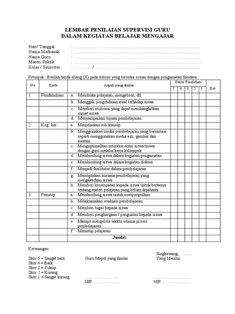 Lembar Penilaian Supervisi Guru | PDF
