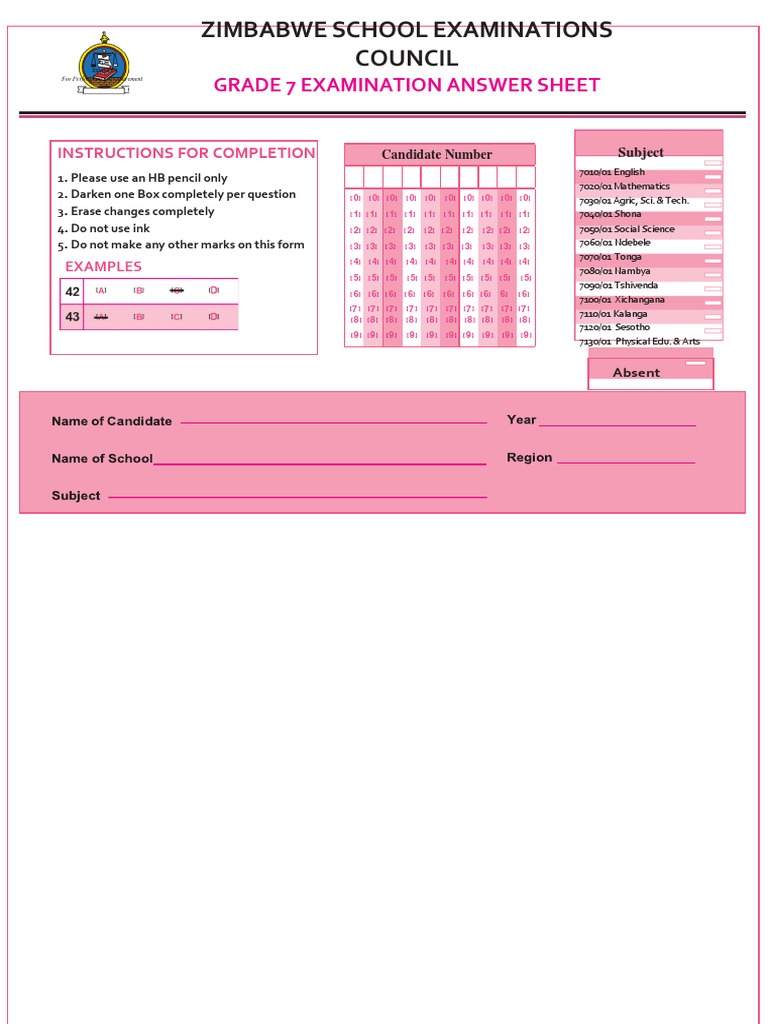 Grade 7 Scanner Sheet Vector (Incl Candidate Number) | PDF