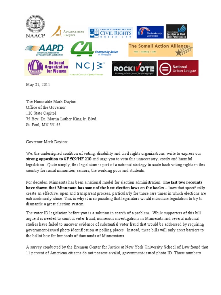 Letter From Civil Rights Groups To Gov Dayton On Voter ID Bill | PDF ...
