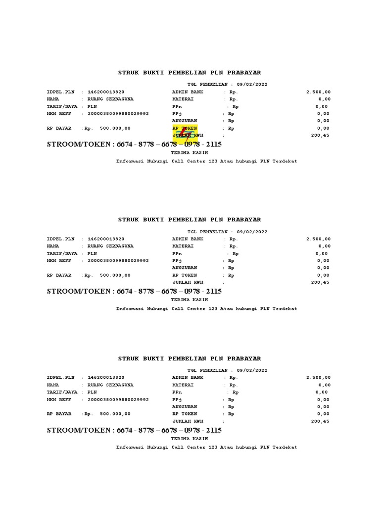 STROOM/TOKEN: 6674 - 8778 - 6678 - 0978 - 2115: Struk Bukti Pembelian PLN Prabayar | PDF
