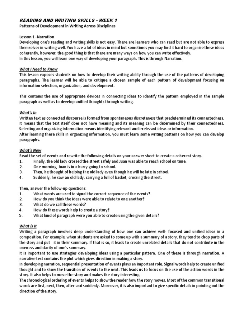 READING AND WRITING SKILLS WEEK 1and 2 MODULES AND ACTIVITES | PDF ...