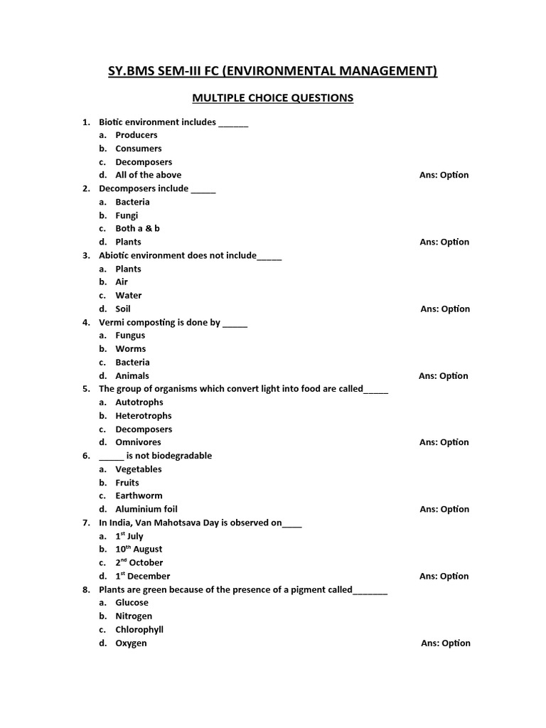 Sy - BMS Sem-Iii FC (Em) MCQ | PDF | Decomposition | Solar Energy