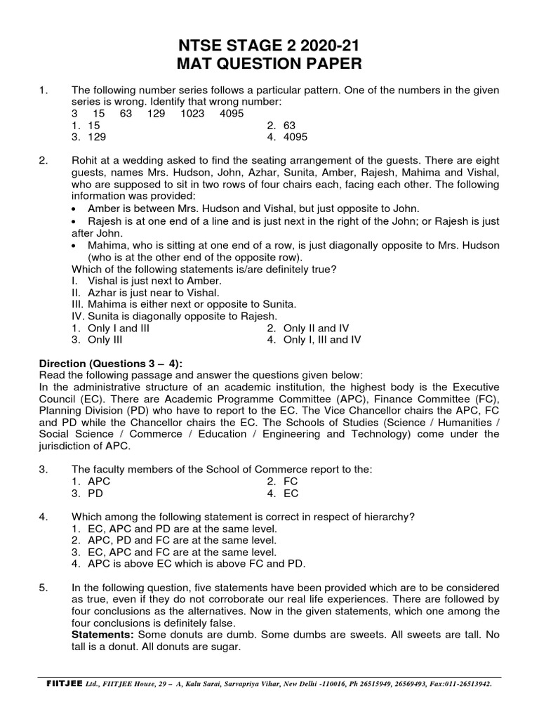 NTSE STAGE 2 2020-21 Mat Question Paper: Direction (Questions 3 - 4 ...
