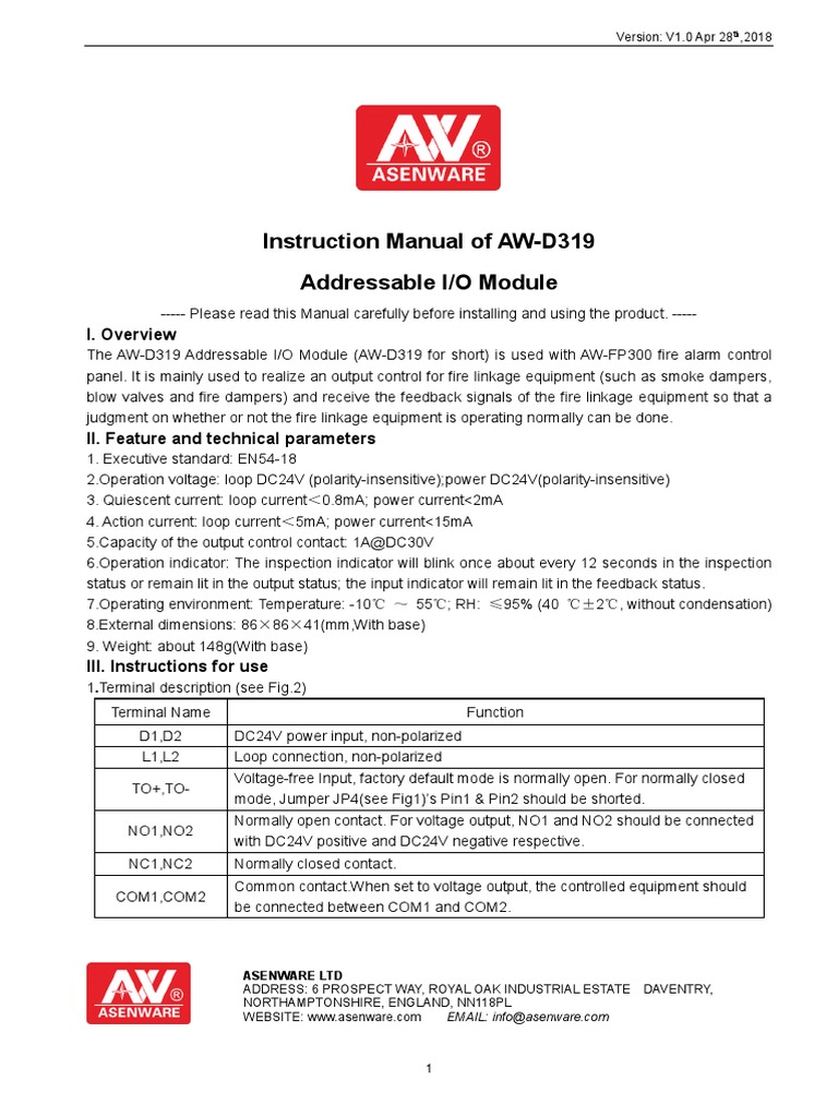 ASENWARE AW-FP 300 Addressable Input Output Module User Manual | PDF | Switch | Feedback