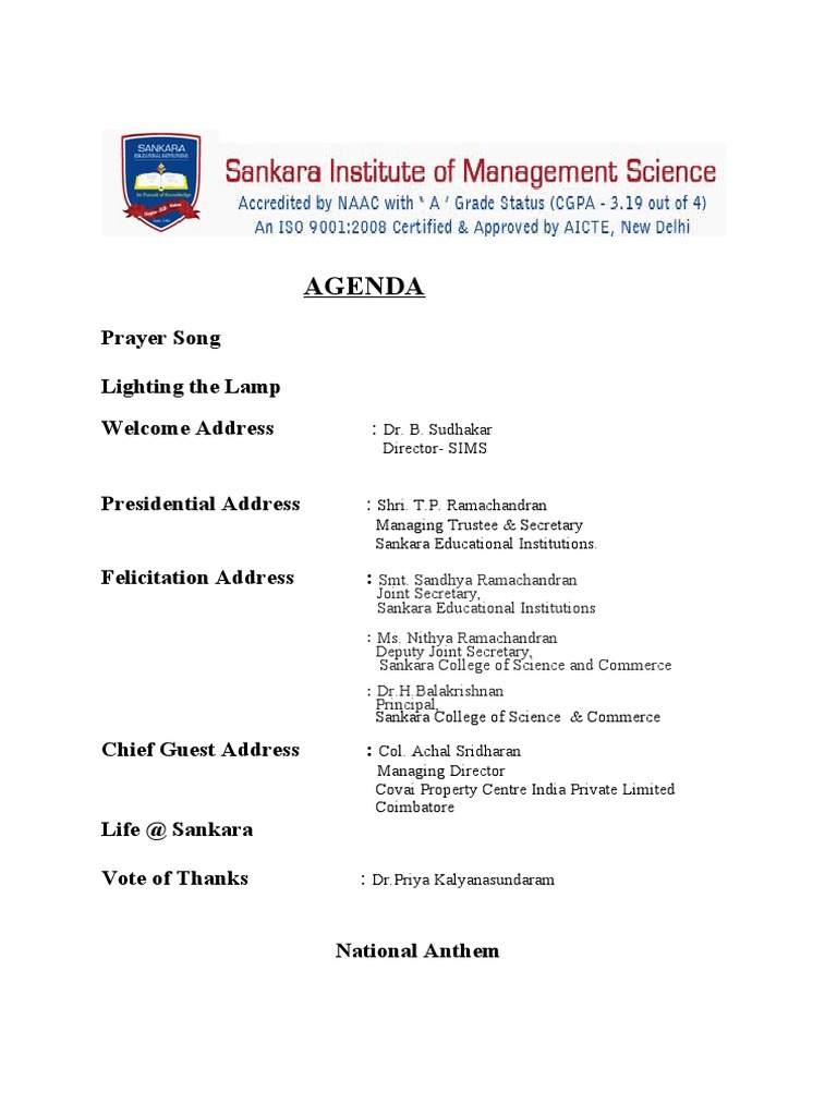 Agenda of 1st Year Inaugural Function | PDF | Religion & Spirituality