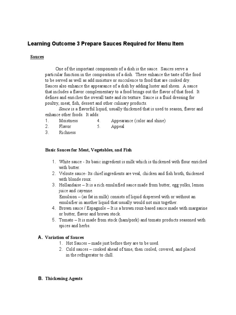 Learn Sauces Required for Menu Items | PDF | Starch | Sauce