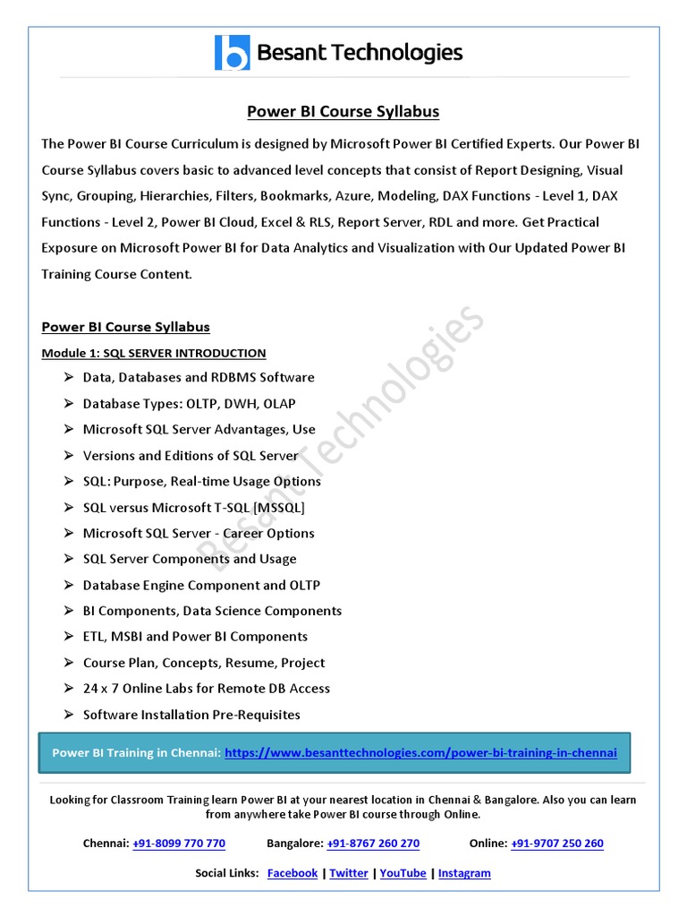 Powerbi Course Syllabus | PDF | Microsoft Sql Server | Microsoft Excel