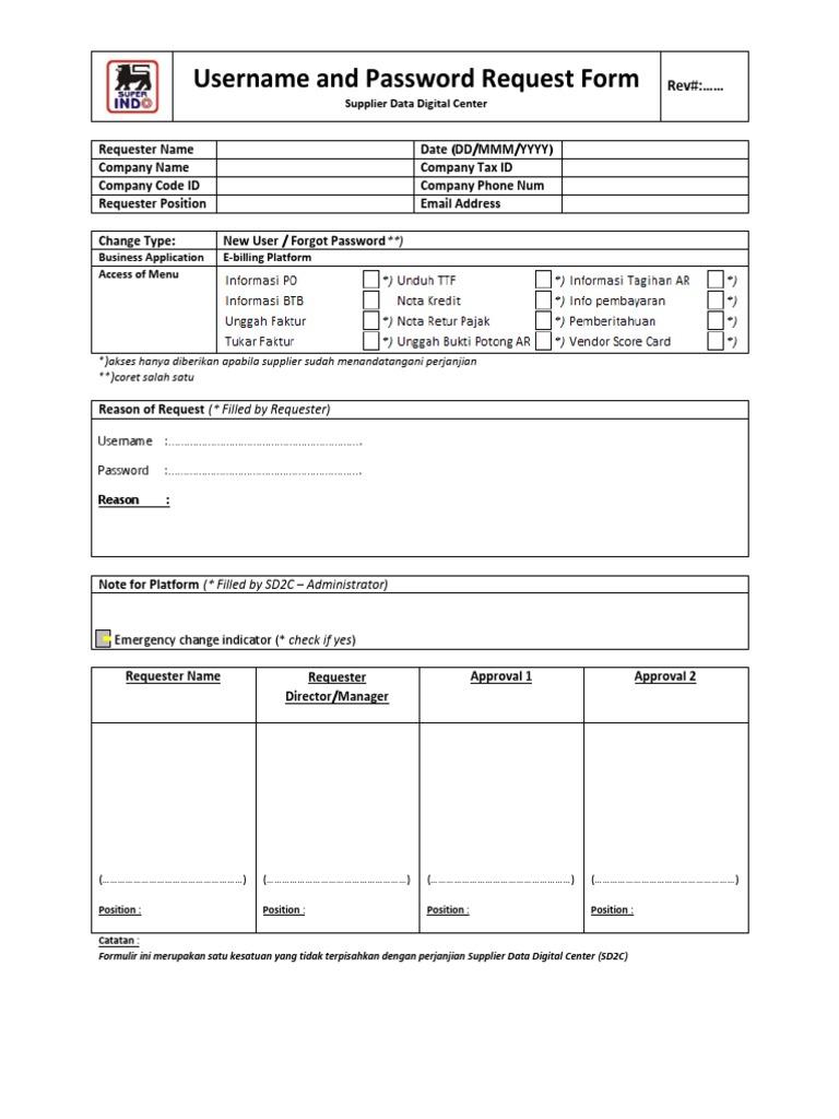 Username and Password Request Form: Supplier Data Digital Center | PDF ...