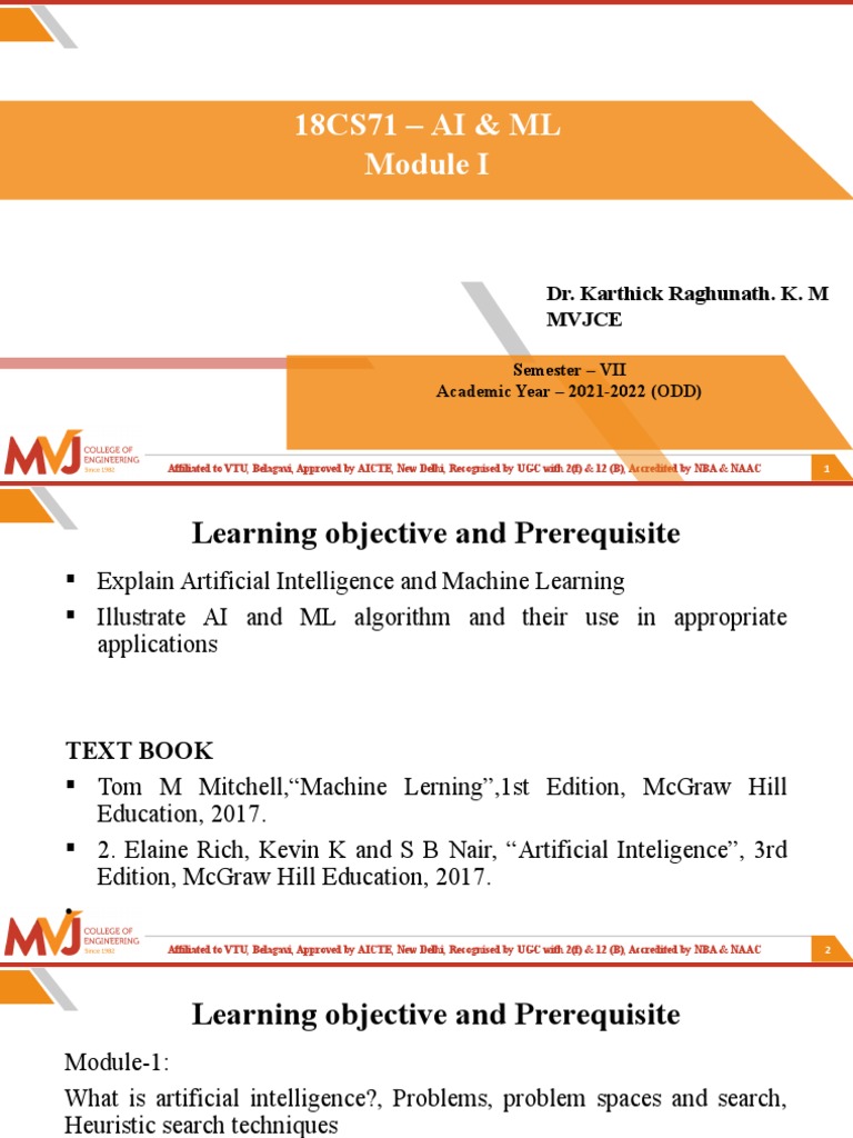18CS71 - AI & ML: Dr. Karthick Raghunath. K. M Mvjce | PDF | Intelligence (AI) & Semantics ...