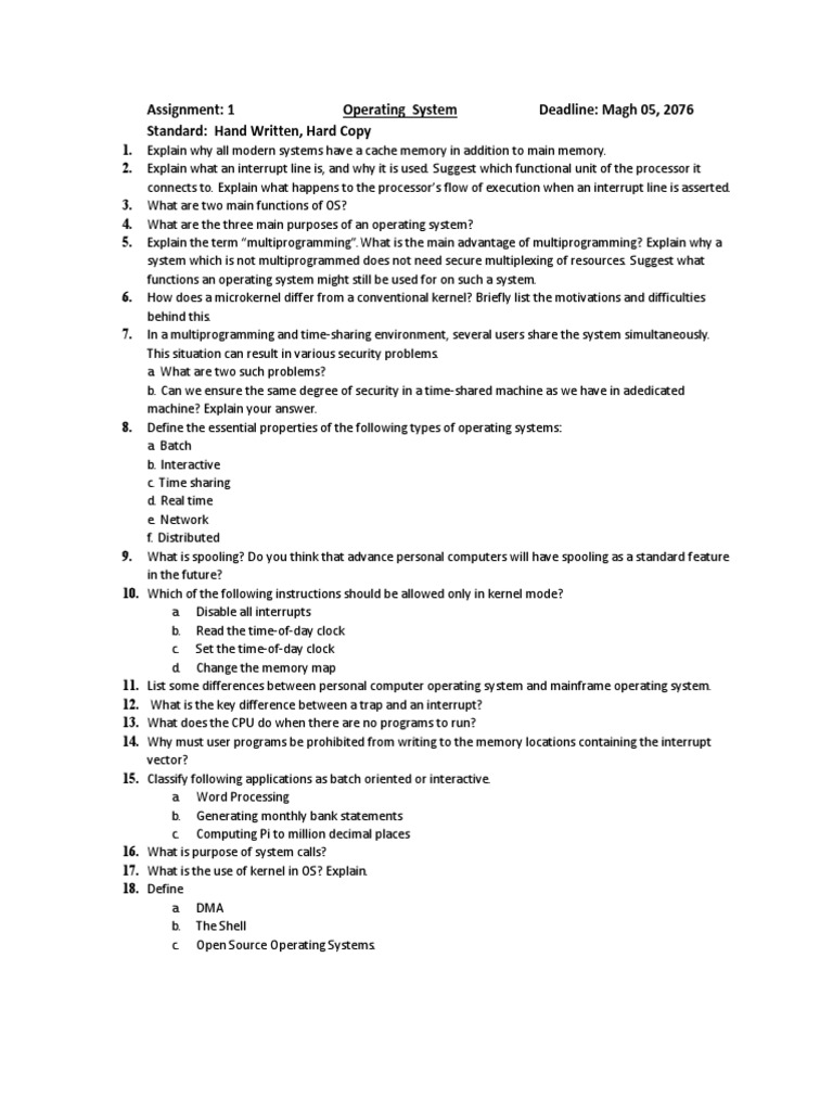 Assignment: 1 Operating System Deadline: Magh 05, 2076 Standard: Hand ...