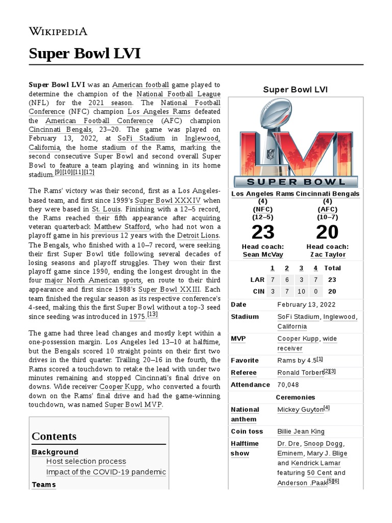 Super Bowl LVI Was An American Football Game Played To | PDF | San ...