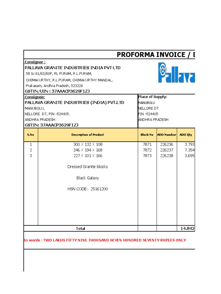 Proforma Invoice / Delivery Challan: Pallava Granite Industries India ...