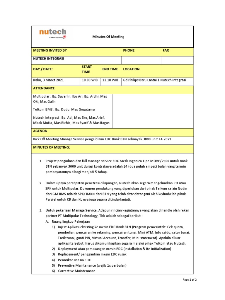 MoM Kick Off Meeting BTN DG Multipolar 3 Mar 2021 | PDF