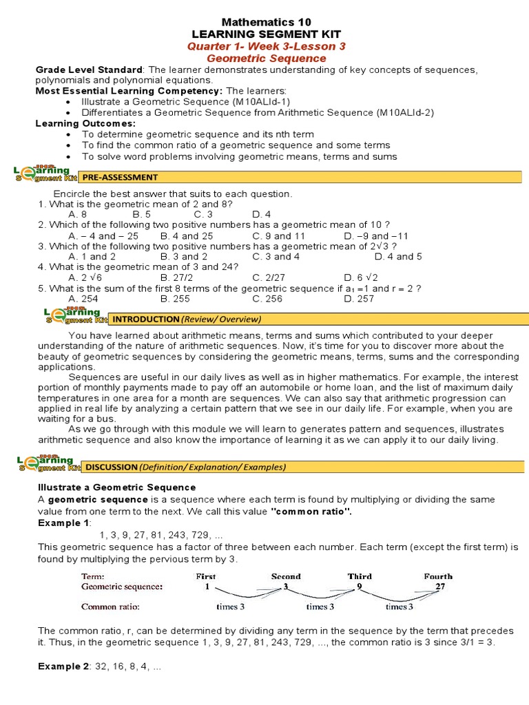 Quarter 1-Week 3-Lesson 3 Geometric Sequence: Mathematics 10 Learning ...