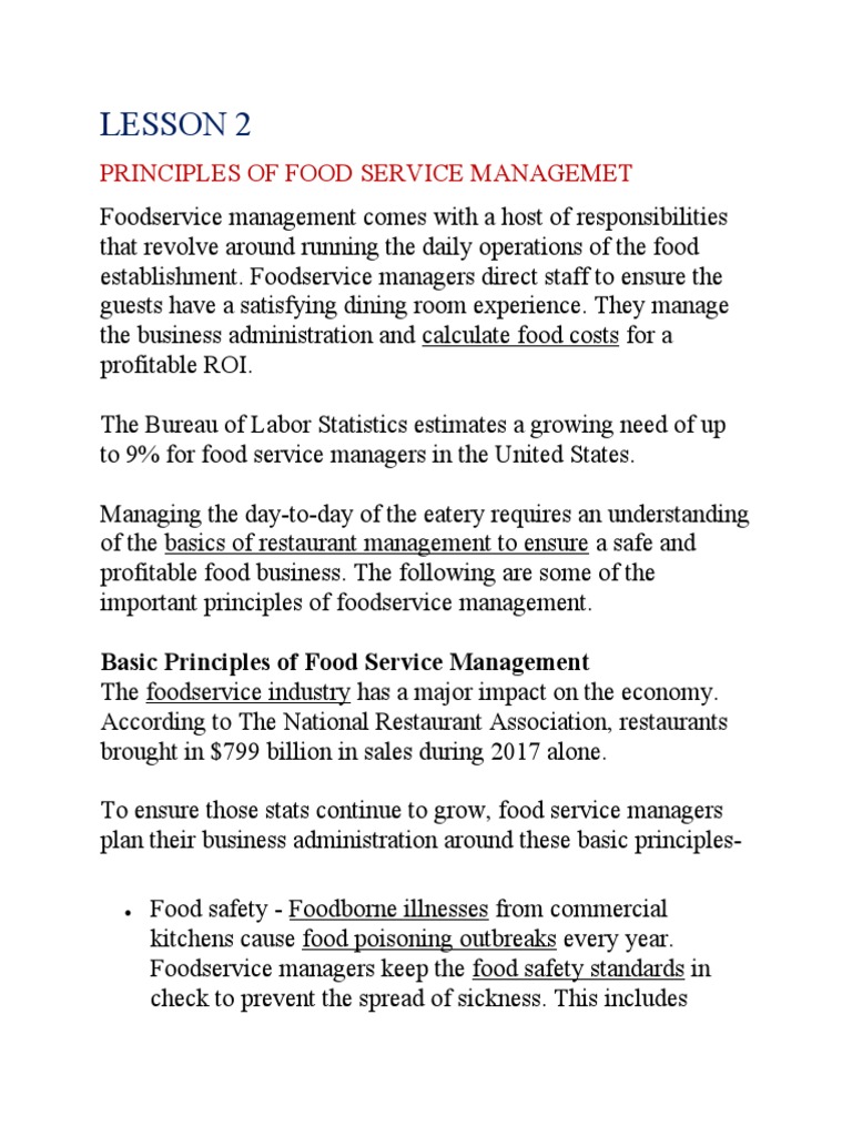 Lesson 2-Principles of Food Service Management | PDF | Restaurants ...