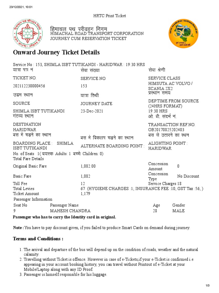 Onward Journey Ticket Details: Terms and Conditions | PDF | Fare | Bus