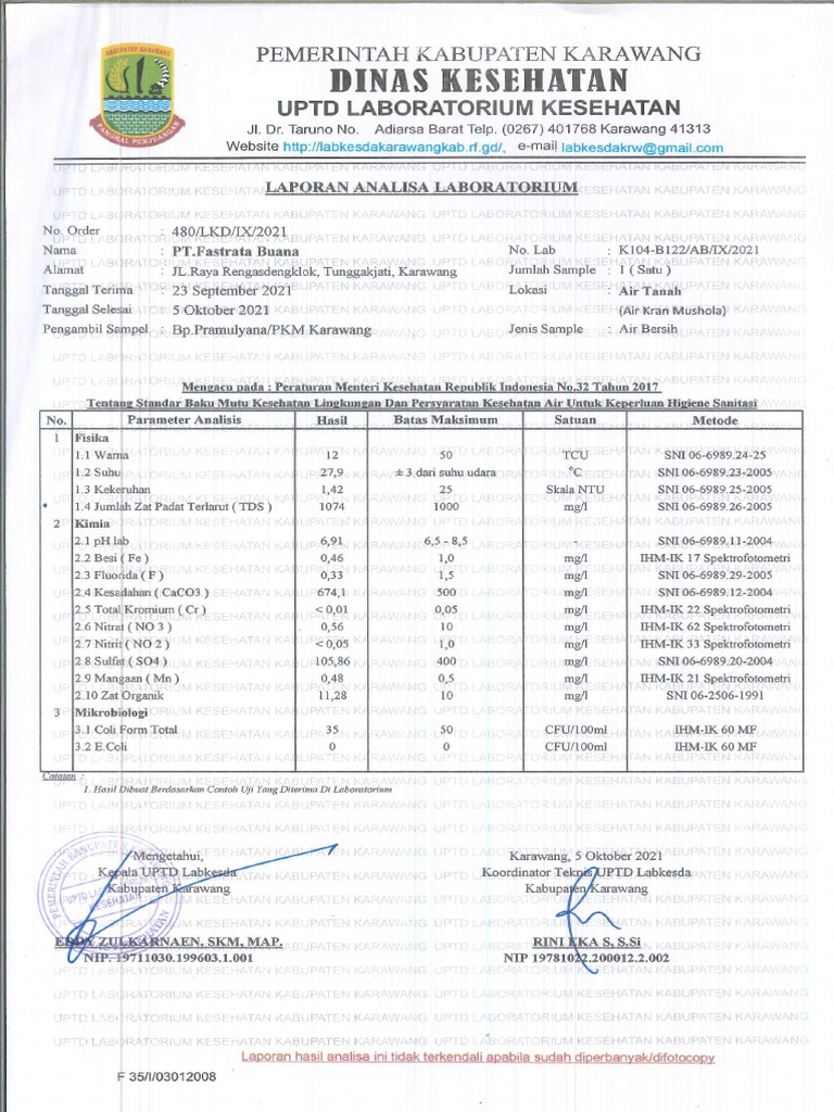 Hasil Uji Laboratorium Air Tanah | PDF