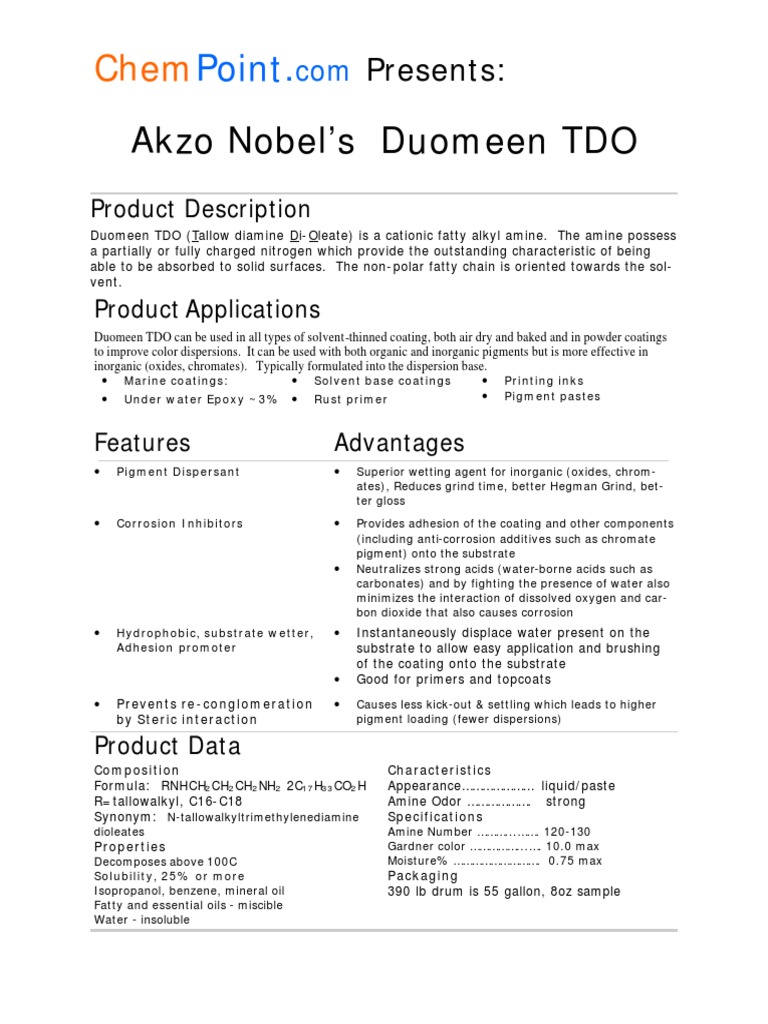 Akzo Nobel's Duomeen TDO: Point | PDF | Solubility | Amine