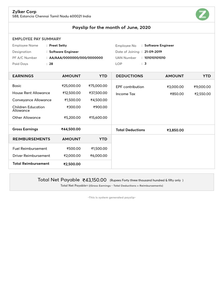 Payslip For The Month of June, 2020: Total Net Payable | PDF
