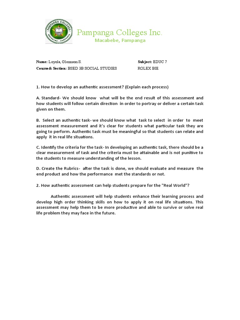 Authentic Assessment Activity | PDF