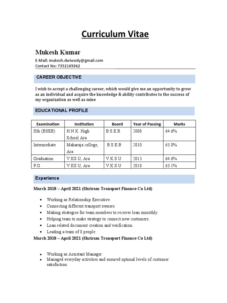 Curriculum Vitae: Mukesh Kumar | PDF