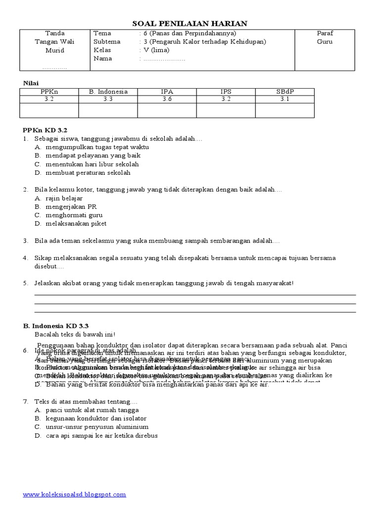 Soal Penilaian Harian Kelas 5 Tema 6 Subtema 3 | PDF