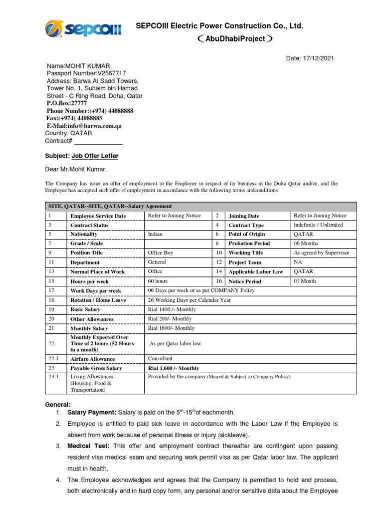 Mohit Kumar Offer Latter | PDF | Employment | Salary