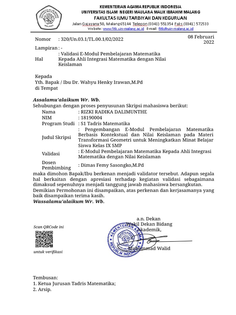 Surat Permohonan Validator Ahli Integrasi | PDF