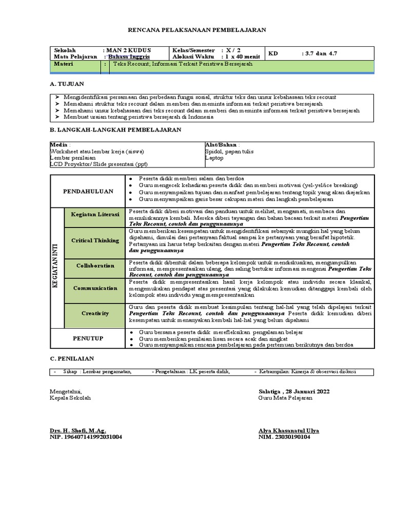 RPP Kelas X Recount Text | PDF