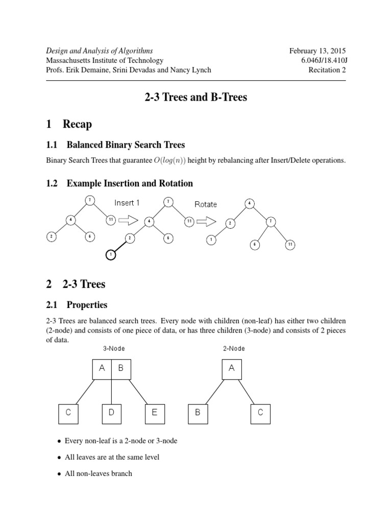 2-3 Trees and B-Trees 1 Recap: 1.1 Balanced Binary Search Trees | PDF | Data | Applied Mathematics