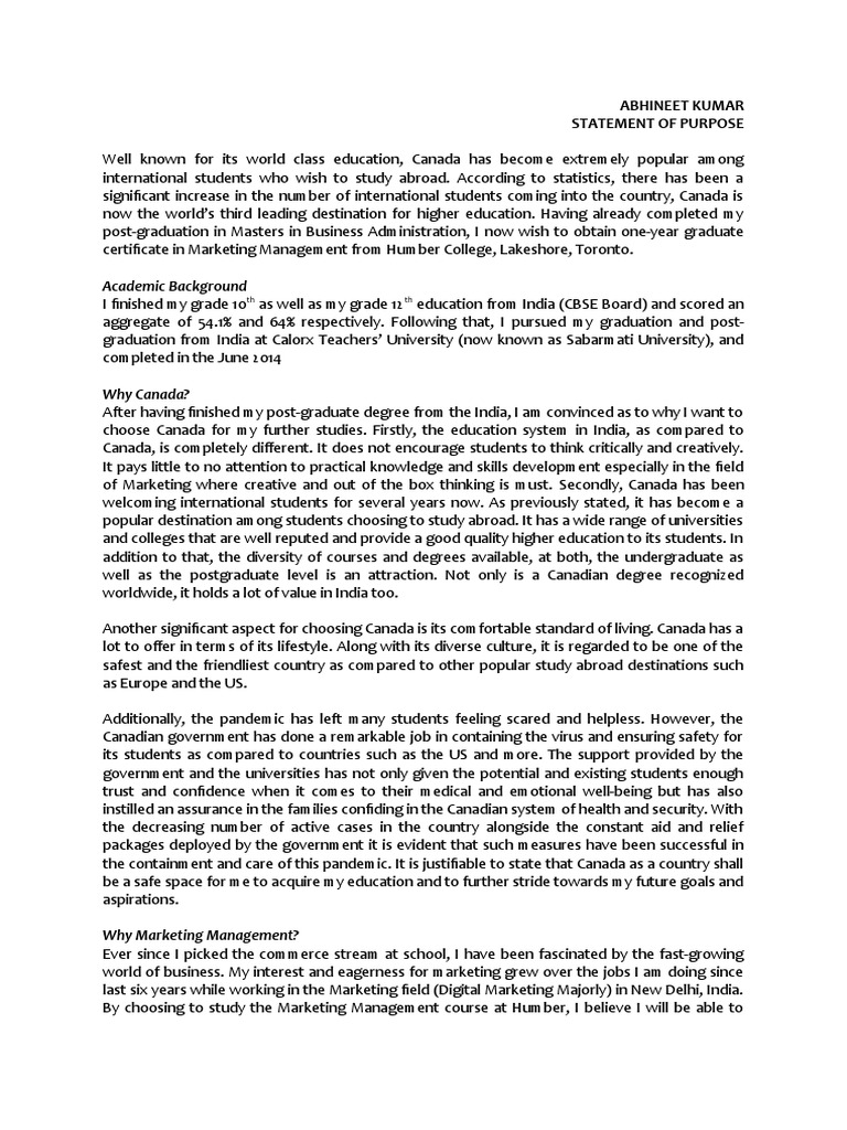 SOP - HUMBER - Marketing Management - Abhineet | PDF | Marketing ...