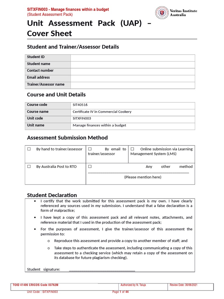 Unit Assessment Pack (UAP) - Cover Sheet: Student and Trainer/Assessor ...