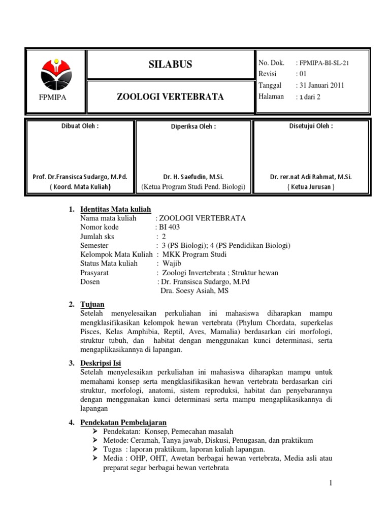 Silabus Zoologi Vertebrata 2011 | PDF