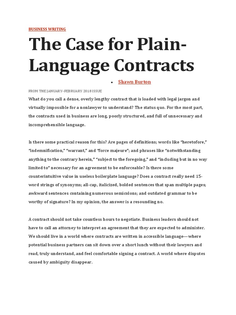 The Case For Plain-Language Contracts: Shawn Burton | PDF | Indemnity ...
