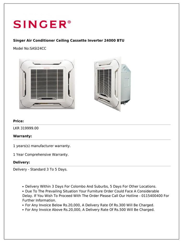 Singer Air Conditioner Ceiling Cassette Inverter 24000 BTU | PDF