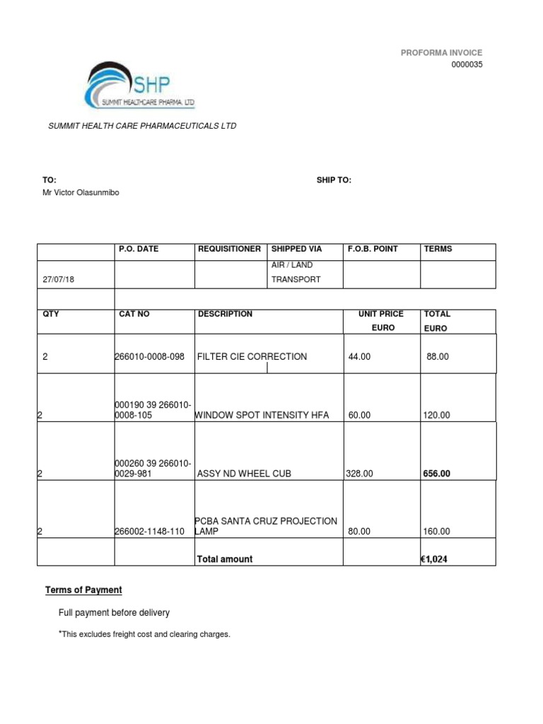 PROFORMA INVOICE HFA SPARE PARTS - MR Victor Olasunmibo | PDF