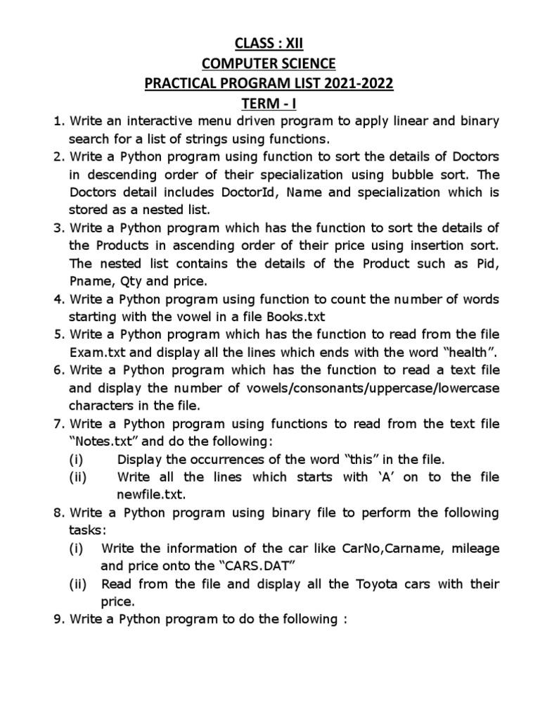 Class: Xii Computer Science Practical Program List 2021-2022 Term - I ... Class: Xii Computer Science Practical Program List 2021-2022 Term - I ...