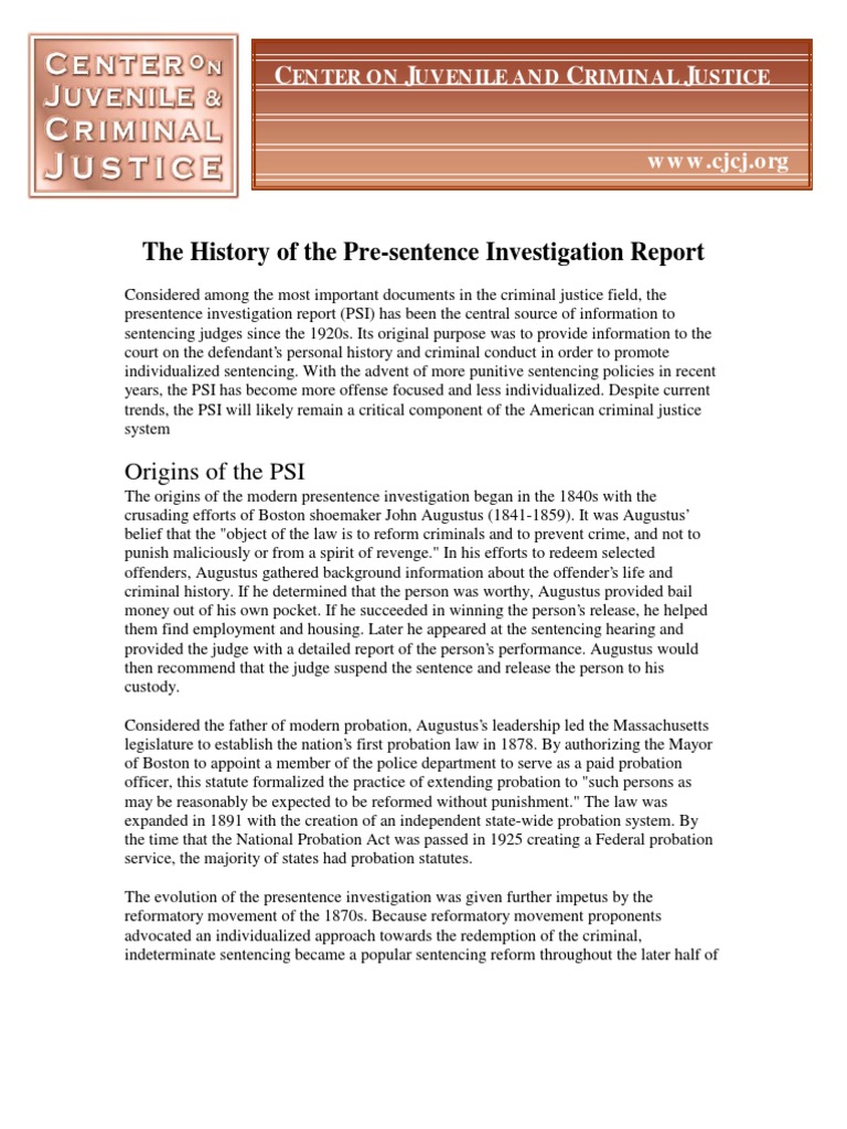 History of the Pre Sentence Investigation Report | Presentence ...