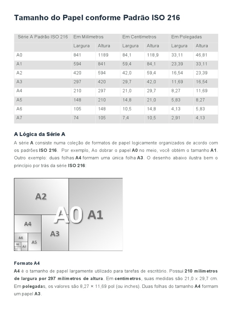 Tamanhos de papel da série A segundo o padrão ISO 216: dimensões ...