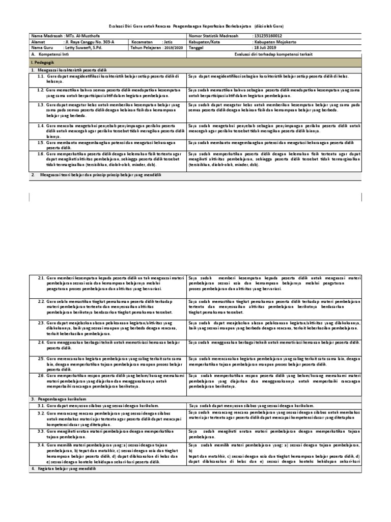 Evaluasi Diri Guru Untuk Rencana Pengembangan Keprofesian Berkelanjutan | PDF | Karier ...
