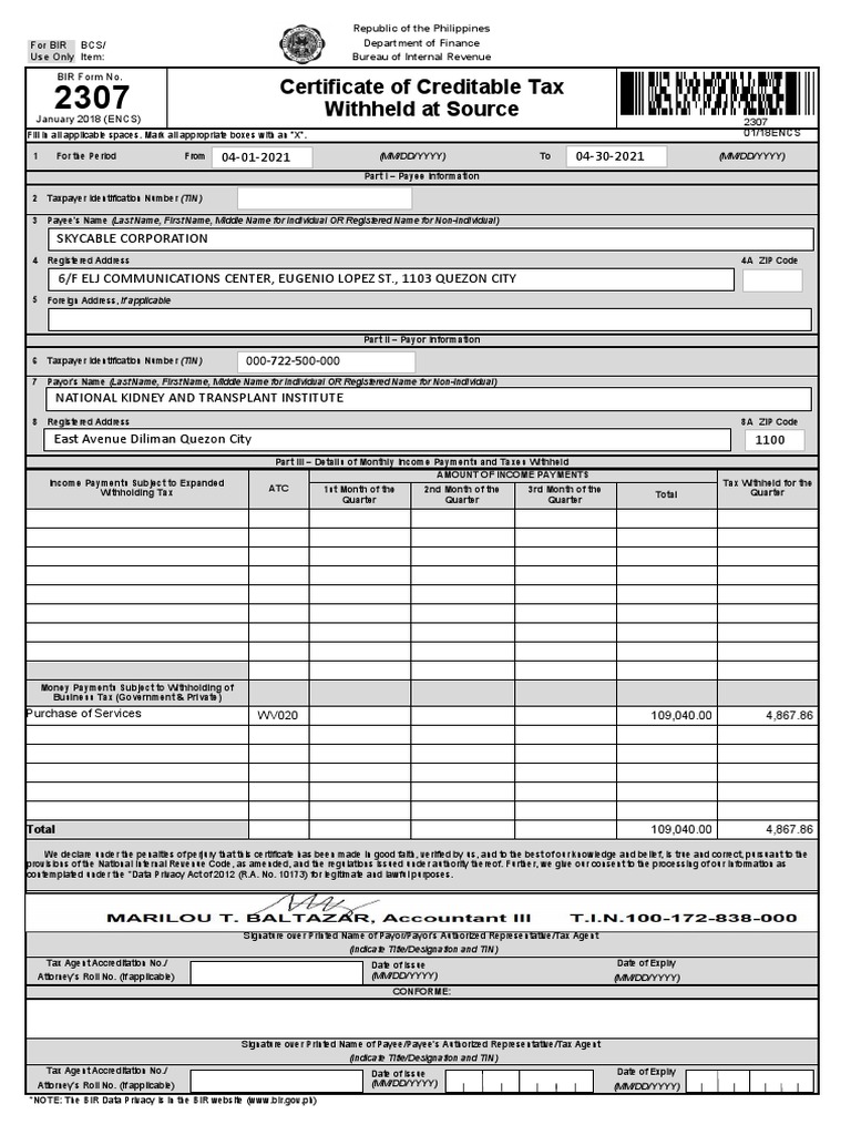 Certificate of Creditable Tax Withheld at Source: For Bir Use Only BCS ...