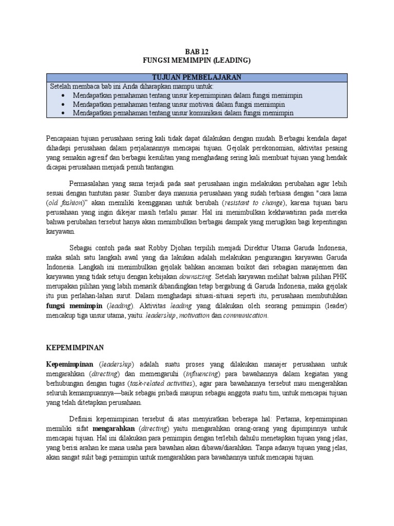 Bab 12 Fungsi Memimpin (Leading) | PDF