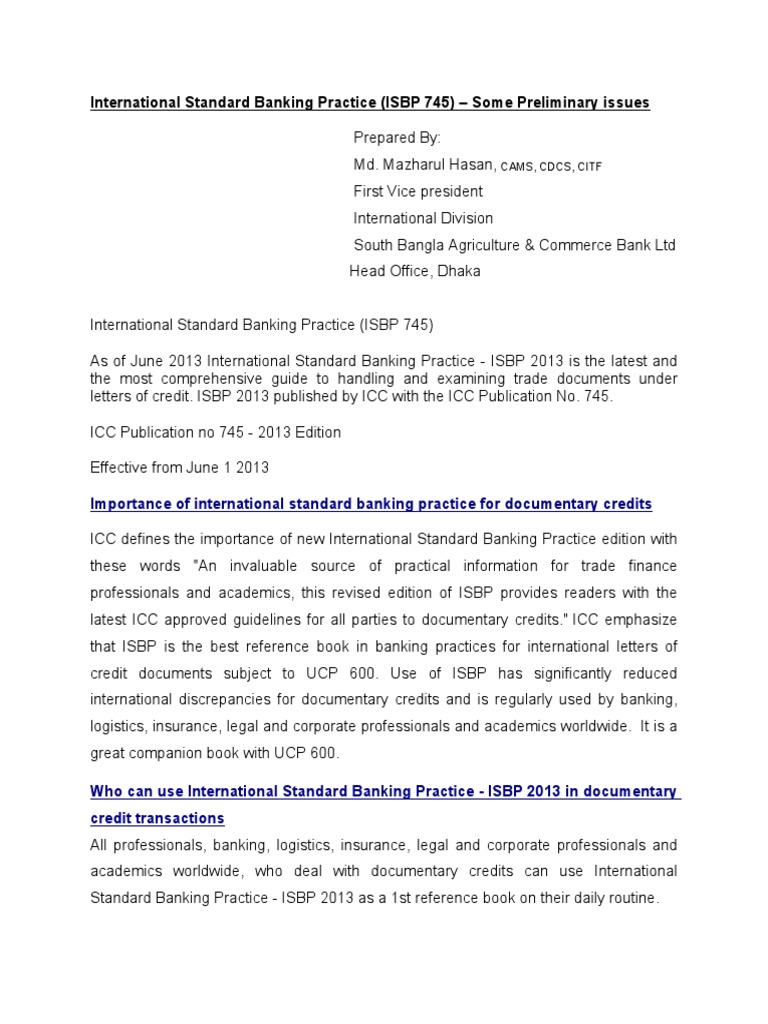 International Standard Banking Practice (ISBP 745) - Some Preliminary ...
