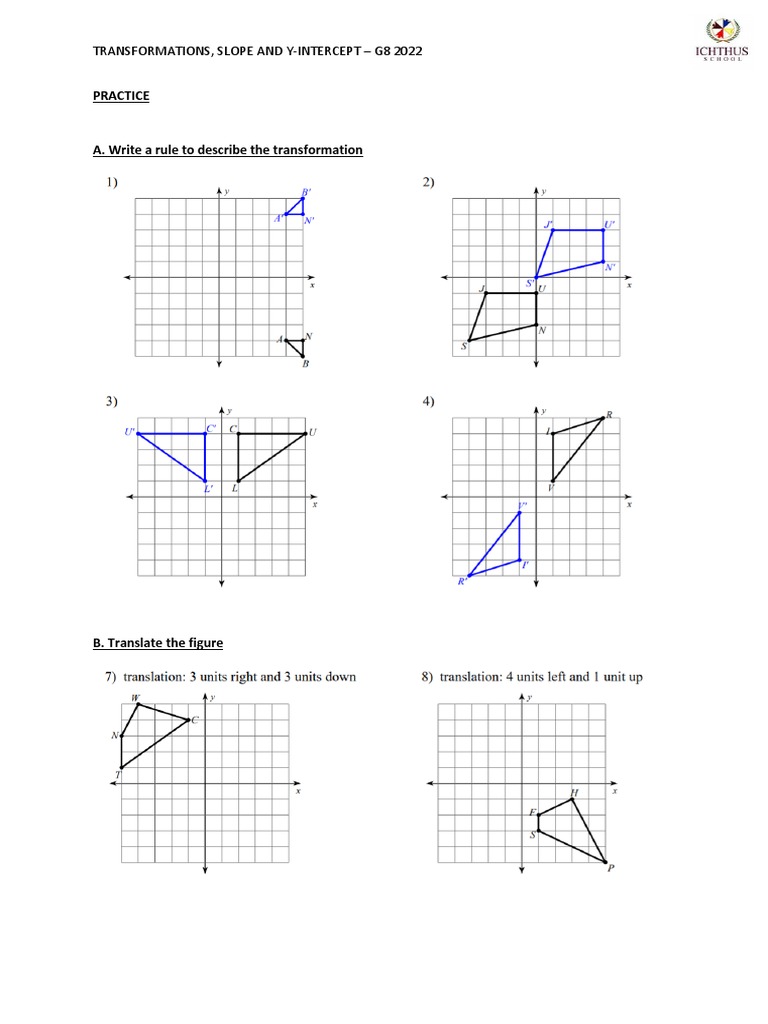 Practice: Transformations, Slope and Y-Intercept - G8 2022 | PDF