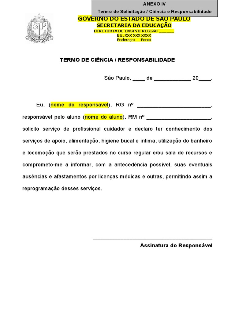 Anexo IV Modelo De Termo De Solicita o Ci ncia E Responsabilidade PDF