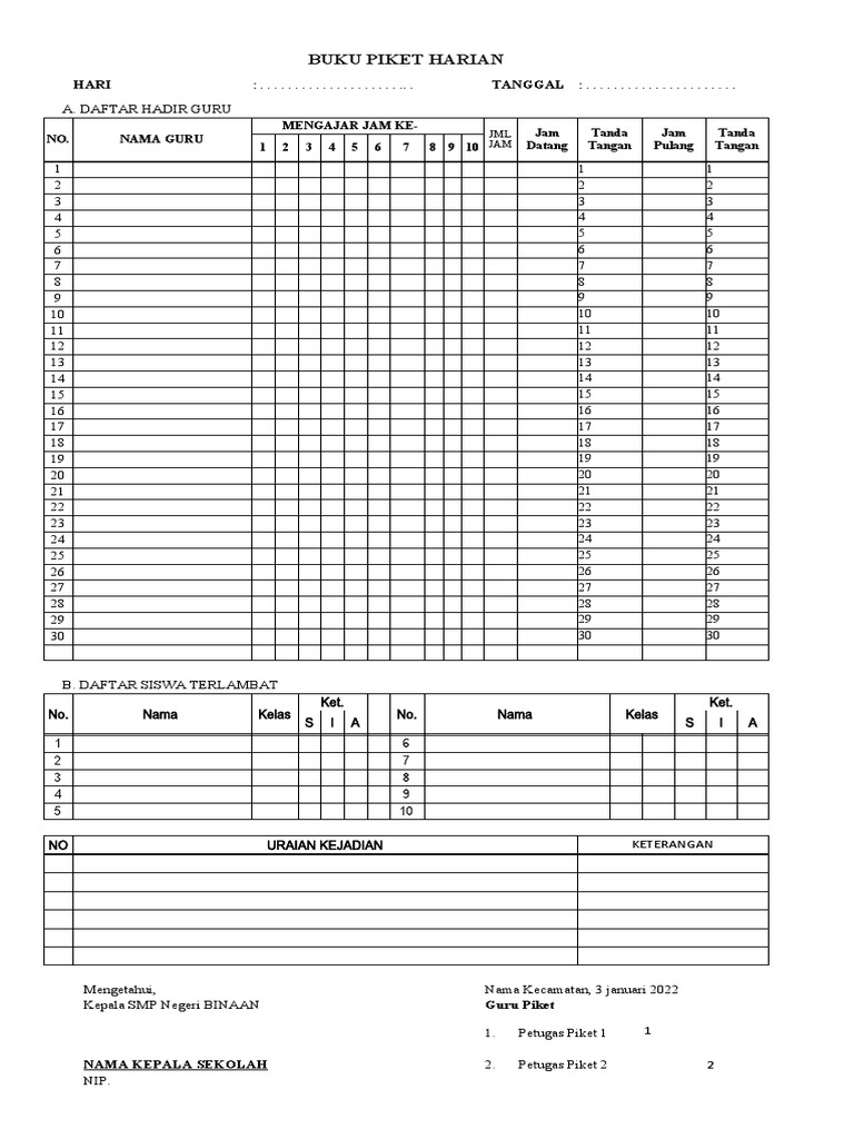 Contoh Blanko Buku Piket Guru | PDF